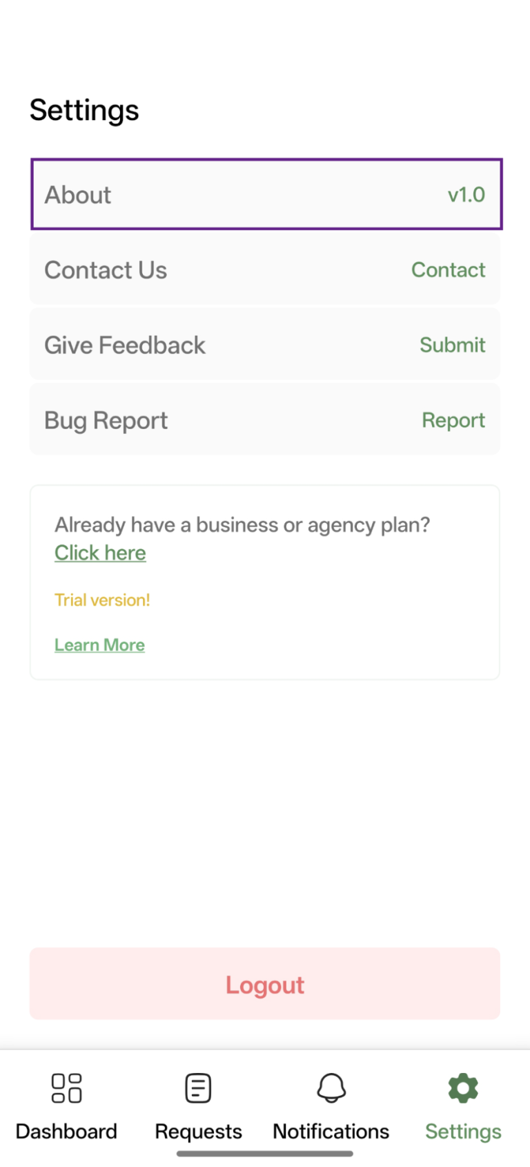 New User Approve App Settings – Support & Feedback Options